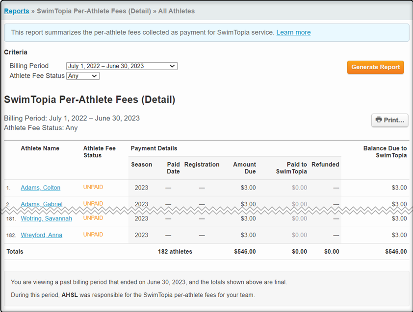 Per-Athlete Fee Reports (for Teams) – SwimTopia Help Center